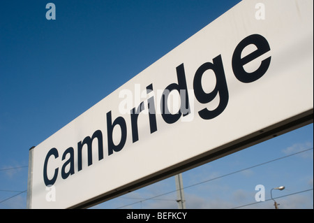 Platform sign at Cambridge Railway station advertising Anglia Ruskin ...