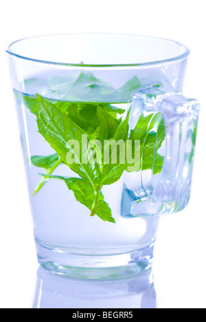 Mint tea in a clear glass teapot, mint leaves and tea cups. Selective ...
