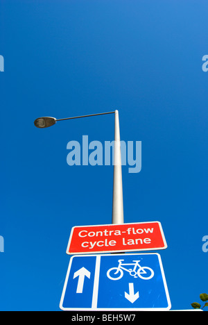 british road signs indicating a contra-flow cycle lane ahead Stock ...