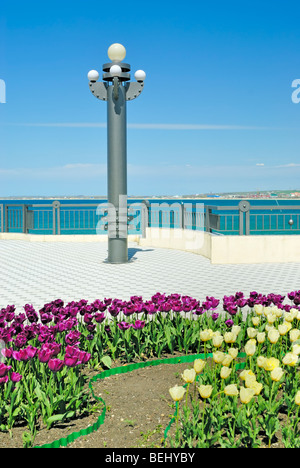 Promenade with a street lamp by the seaside on a cloudy day at ...