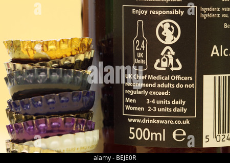 Drinkaware alcohol consumption health warning notice on beer bottle in ...