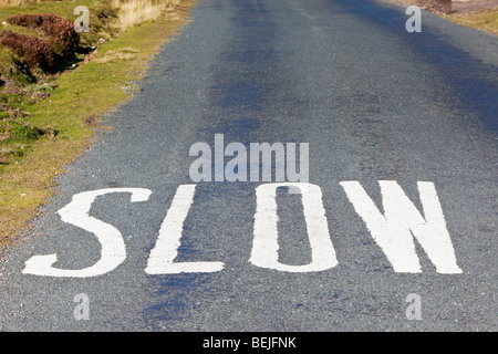 Slow warning sign markings on road photographed from moving car with ...