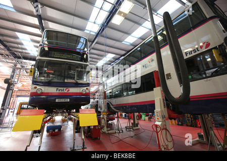 Inside the workshop of the transport company First Bus depot and ...