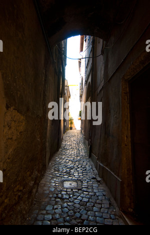 Very narrow cobbled alley in an italian town Stock Photo - Alamy