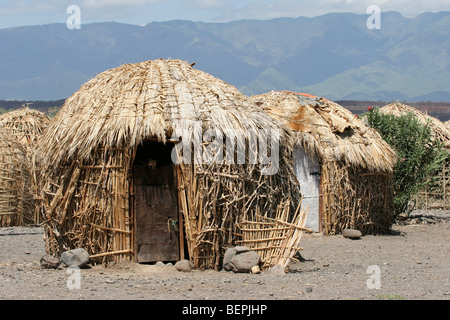 Traditional huts in Loyangalani along Lake Turkana, Kenya, East Africa ...