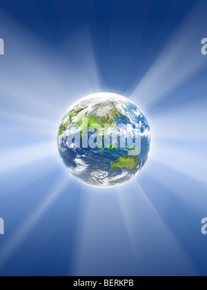 Light beams from the earth, computer graphic, blue background Stock ...
