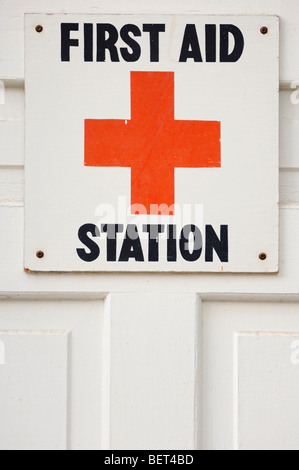 First aid medical station sign hanging from ceiling at the airport ...