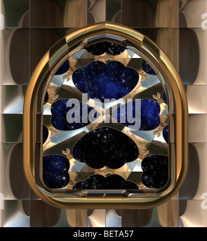 gothic or science fiction window looking into starry night sky with ...