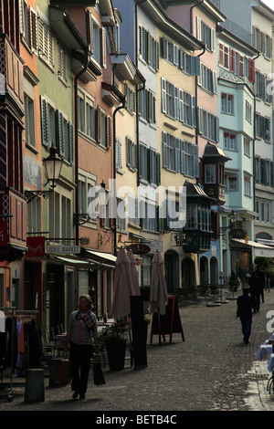 Switzerland, Zurich,Old Town Zurich, street scene with view of St ...