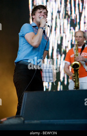 Friendly Fires lead singer Ed Macfarlane performing live at Big Chill ...