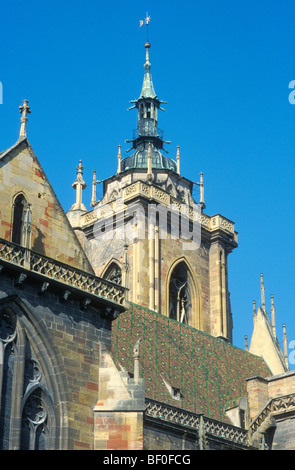 Colmar, Alsace, France - St. Martin Church bell and clock tower, Gothic ...