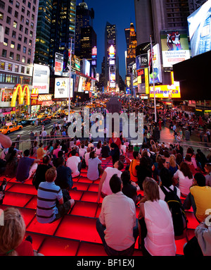 Times Square famous big red stairway, TKTS Stairs, Duffy Square, signs ...