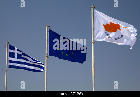the flags of the european union cyprus and greece flying on poles Stock ...