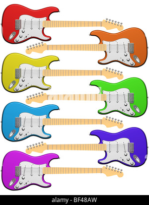 Isolated illustration of seven electric guitars in colors of the ...