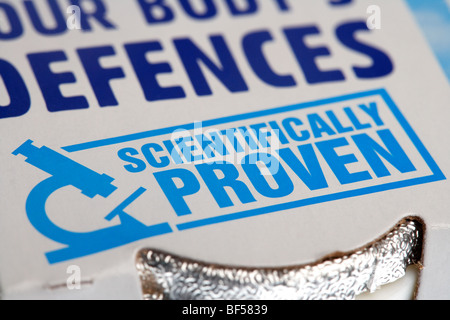 scientifically proven food label on a packet of probiotic yoghurt ...