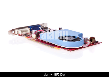 Modern graphics card with fan cooler on white background. Computer ...