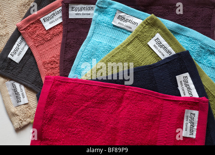fan of different coloured flannels with Egyptian 100% cotton labels ...