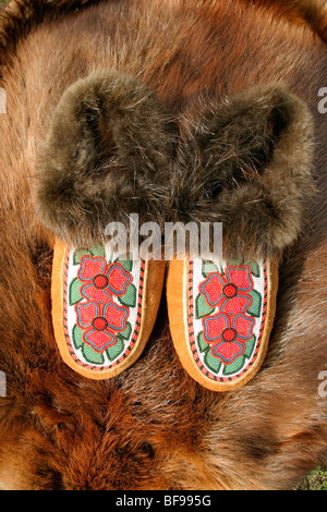 Moosehide moccasins lined with beaver fur and decorated with beaded ...