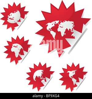 World map icons on spiky sticker shapes Stock Photo - Alamy