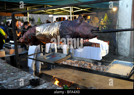 Roast pork on the spit, over fire set in the park Stock Photo - Alamy