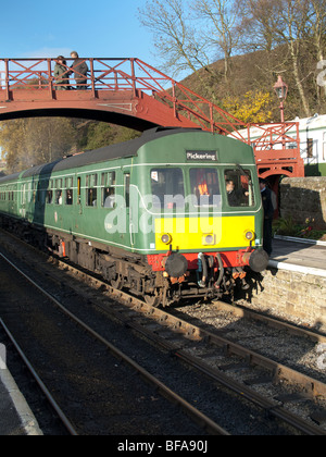 A historic Diesel Multiple Unit train arriving at Grosmont station on ...