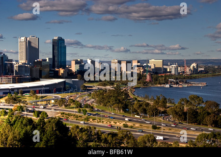 Western Australia capital city Perth CBD at sunrise reflecting in Stock ...