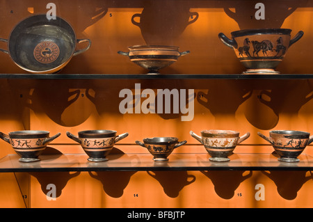 A display of Attic black figure Kylixes and cups from the 5th cen BC in ...