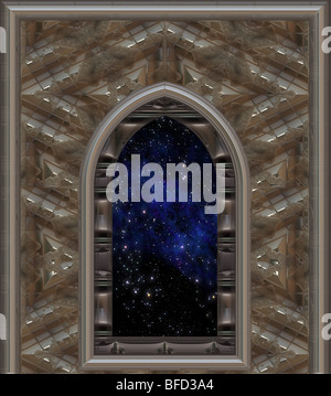 gothic or science fiction window looking into starry night sky with ...