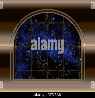 gothic or science fiction window looking into starry night sky with ...