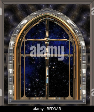 gothic or science fiction window looking into starry night sky with ...