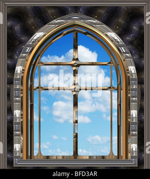 gothic or science fiction window looking into starry night sky with ...
