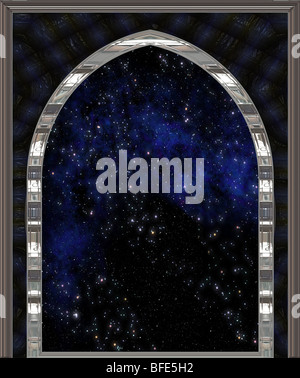 gothic or science fiction window looking into starry night sky with ...