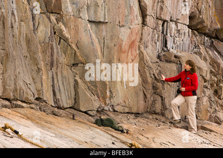 People viewing the Agawa Rock Pictographs on Agawa Bay in Lake Superior ...