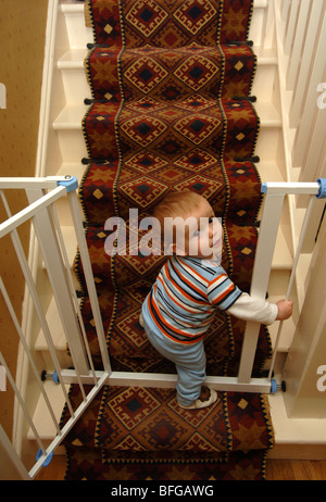 Toddler baby climbs on the steps ladder. Child boy climbs up the stairs ...