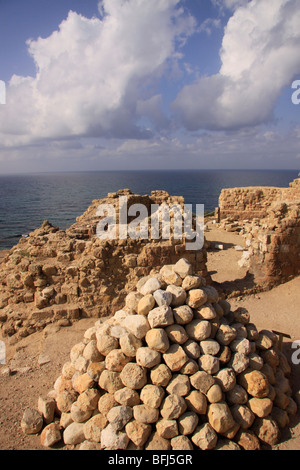 Israel, Sharon region, Ballista balls at the Crusader fortress Arsur in ...