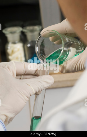 Chemist pouring liquid into test tubes Stock Photo - Alamy