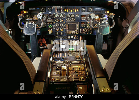 Aircraft interior, view into the cockpit of a modern turboprop aircraft ...