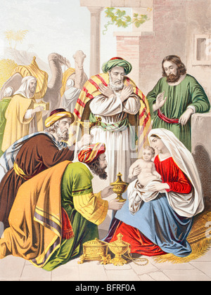 The three wise men, Nativity stable scene, 19th century illustration ...