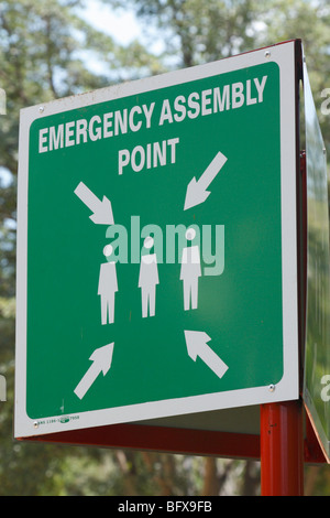 Emergency assembly point. Outdoor sign indicating where people should ...