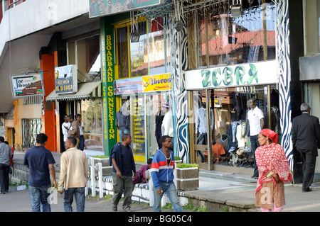 Addis Ababa Ethiopia Africa shops along road in downtown with stalls ...