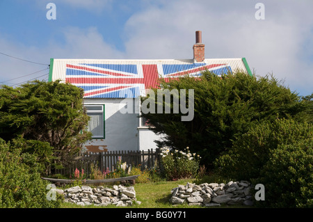 Falklands, Port Stanley, union jack flag flying outside Royal Falklands ...