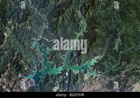 Aerial view of Shasta Lake, Shasta Dam, and Mt. Shasta, northern ...