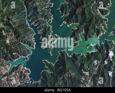 Aerial view of Shasta Lake, Shasta Dam, and Mt. Shasta, northern ...