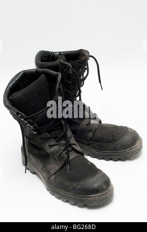 The sole black leather army boots isolated on white background Stock ...