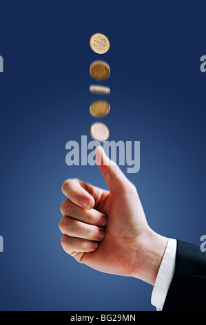 Businessman hand tossing coin to flip on heads or tails, concept of ...