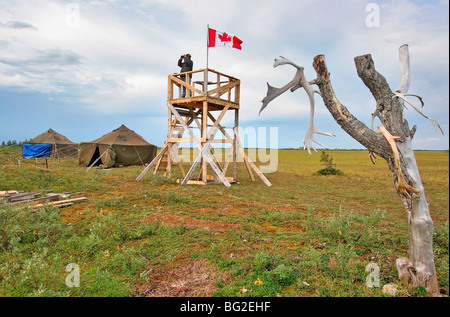 Men in observation tower look for bears at Peawanuck Camp in Polar Bear ...