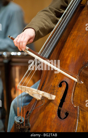Stringed bowed musical instrument double bass on city square in the ...