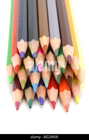 multi-colored pencils on multi-colored background, Close up, copy space ...