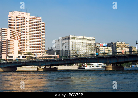 Egypt, Cairo, River Nile with 6th October Bridge at night Stock Photo ...