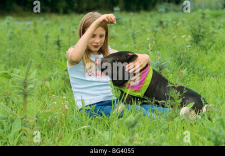 girl - playing with a Miniature pig Stock Photo - Alamy